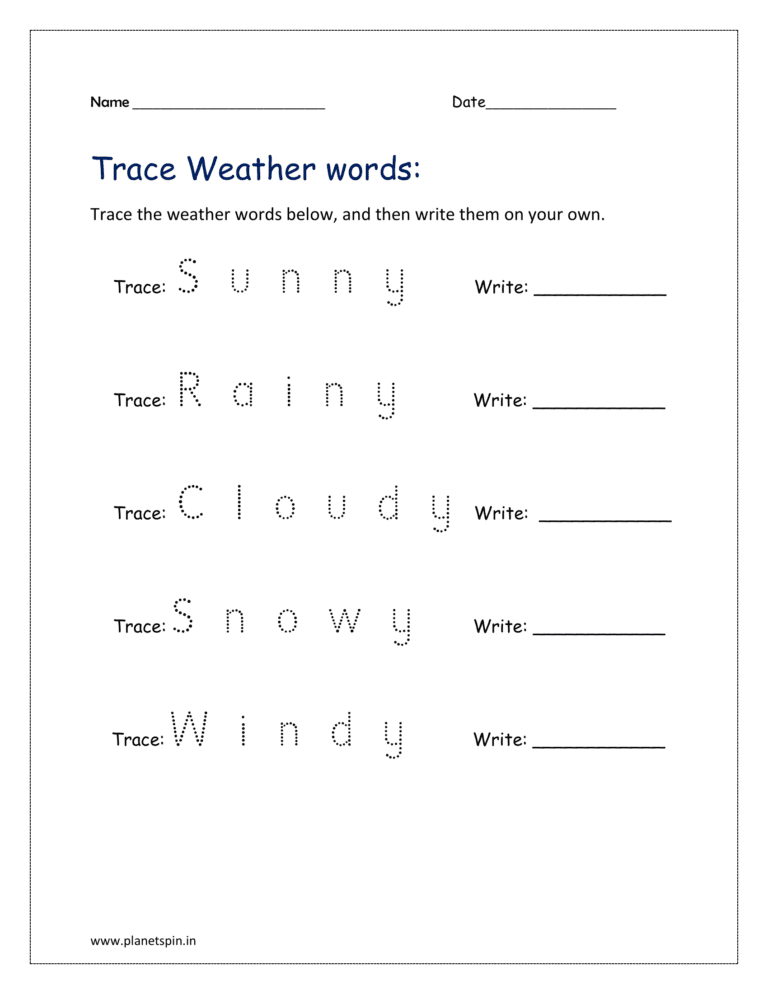 Weather words worksheet for Kindergarten | Planetspin.in
