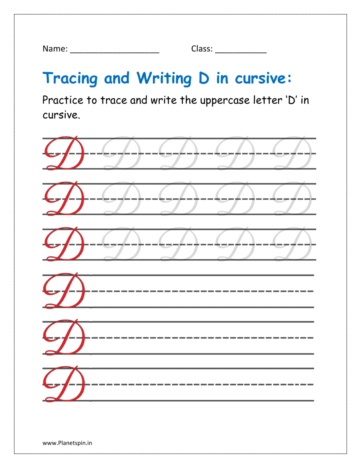 Cursive d worksheet PDF | Planetspin.in
