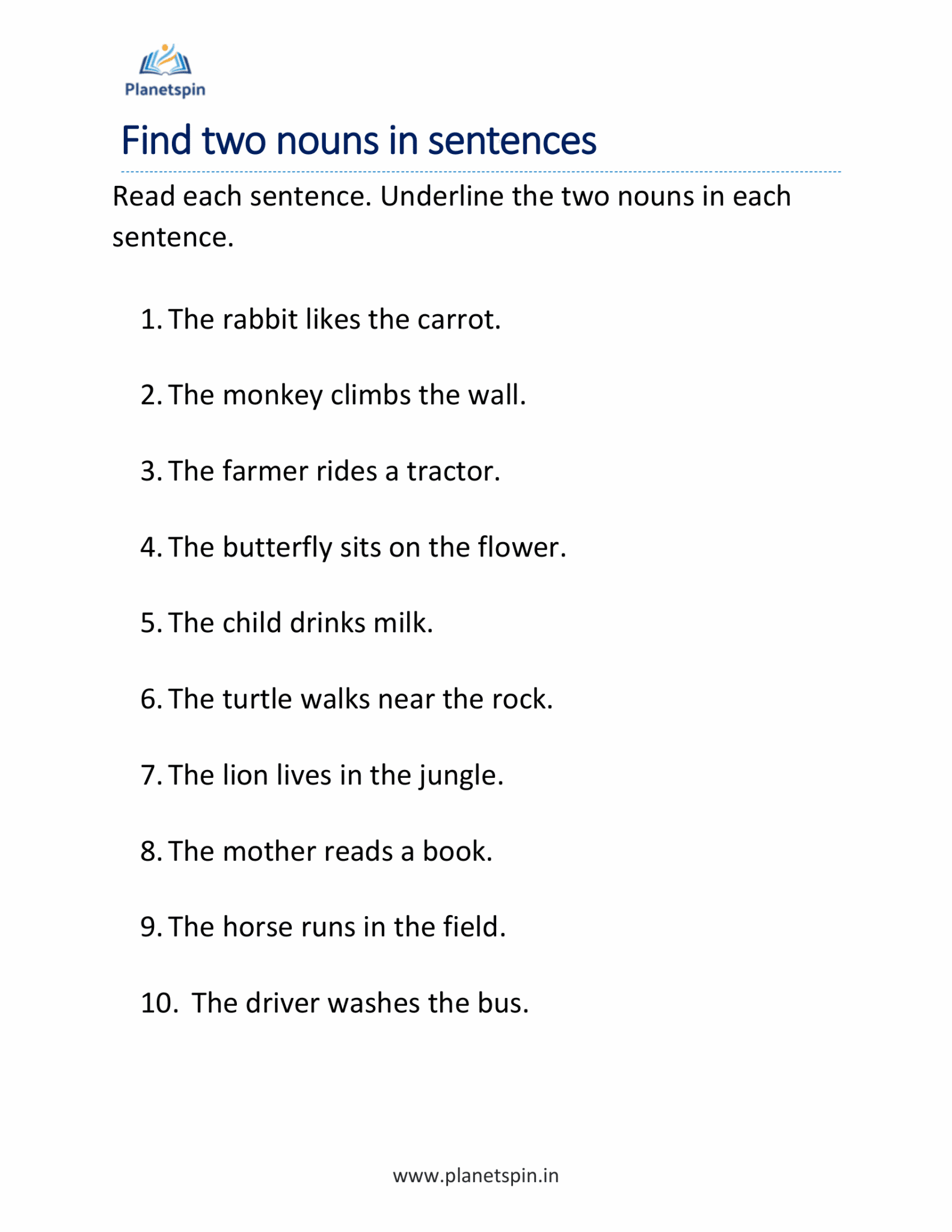 Identifying nouns in sentences worksheet grade 1 | Planetspin.in