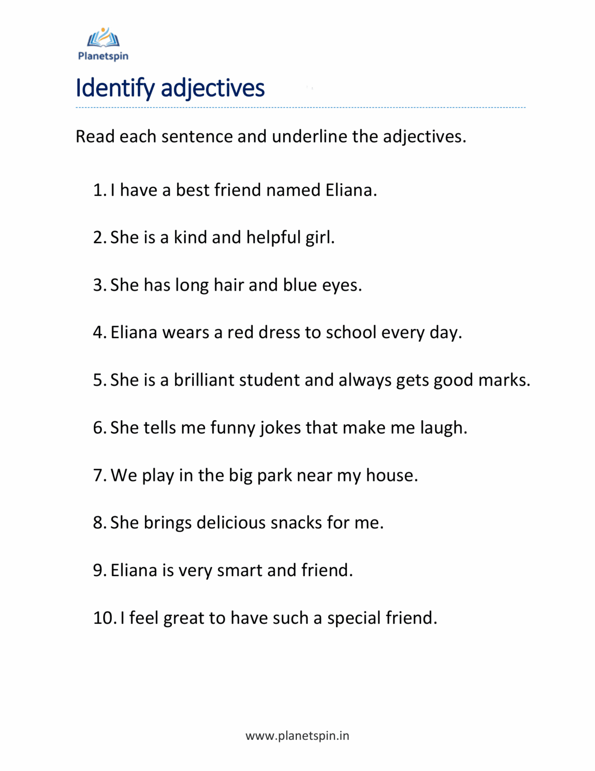 Identify adjectives in a sentence worksheet for grade 2
