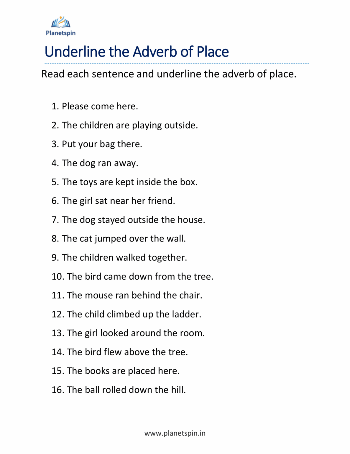 Adverbs of place worksheet for grade 2 | Planetspin.in