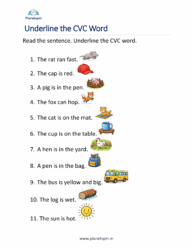 CVC simple sentences worksheets for kindergarten | Planetspin.in