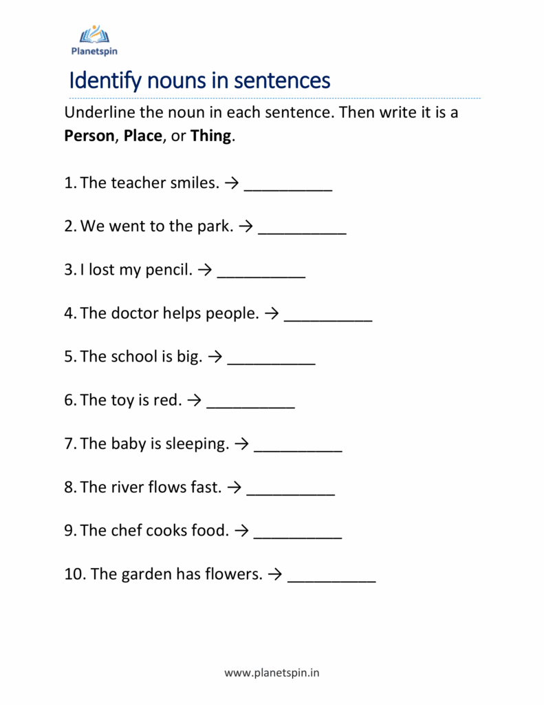 Identifying nouns in sentences worksheet grade 1 | Planetspin.in