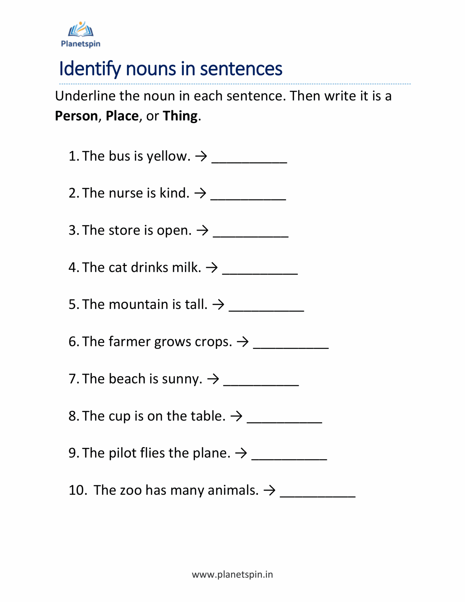 Identifying nouns in sentences worksheet grade 1 | Planetspin.in