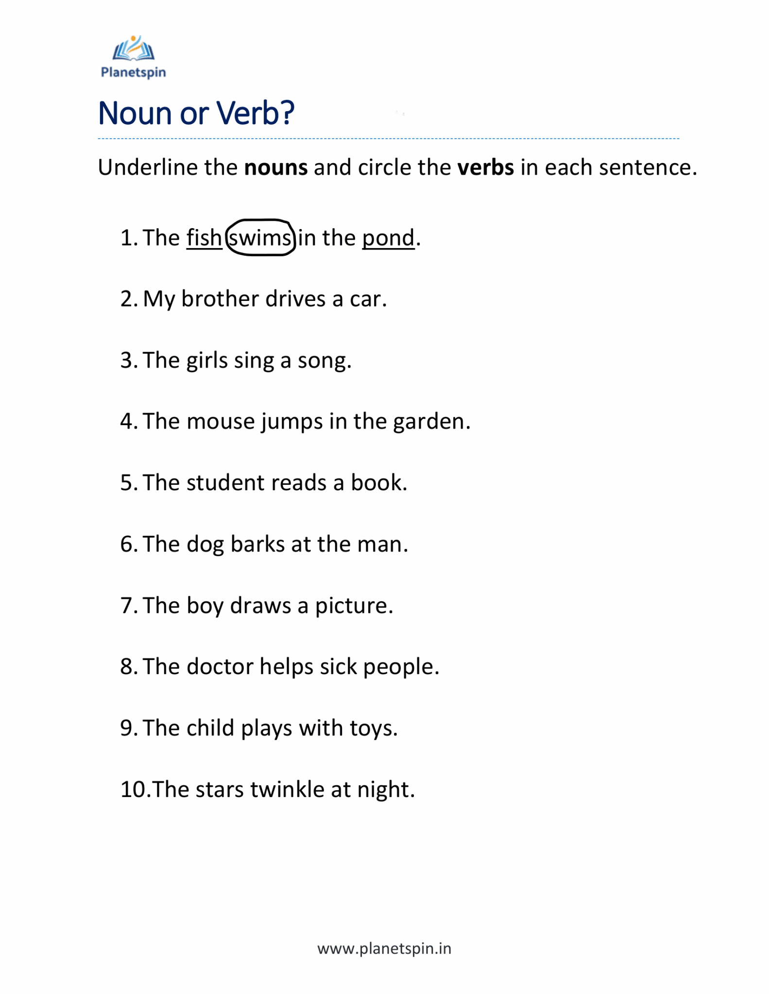 Identifying nouns and verbs worksheet in sentences for grade 2