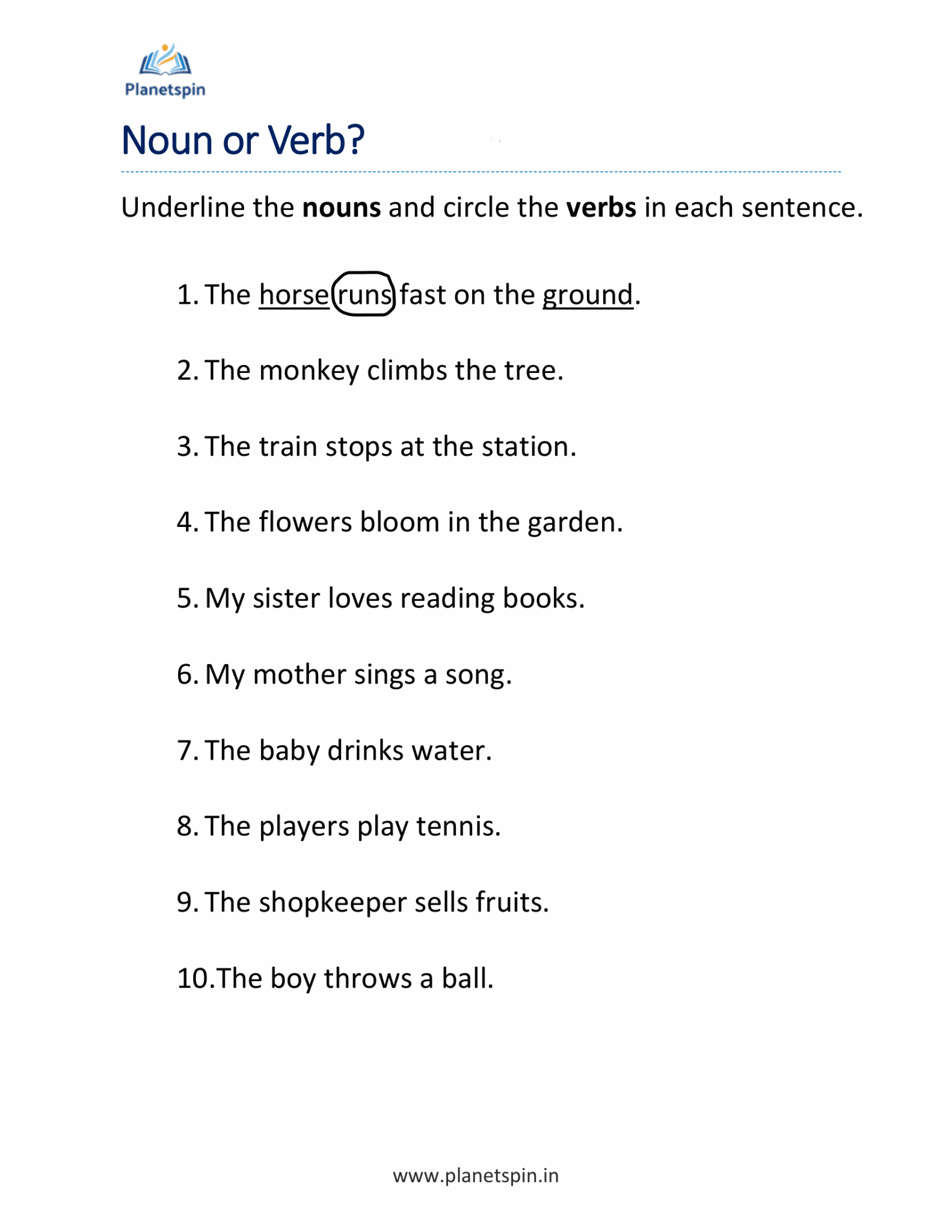 Identifying nouns and verbs worksheet in sentences for grade 2