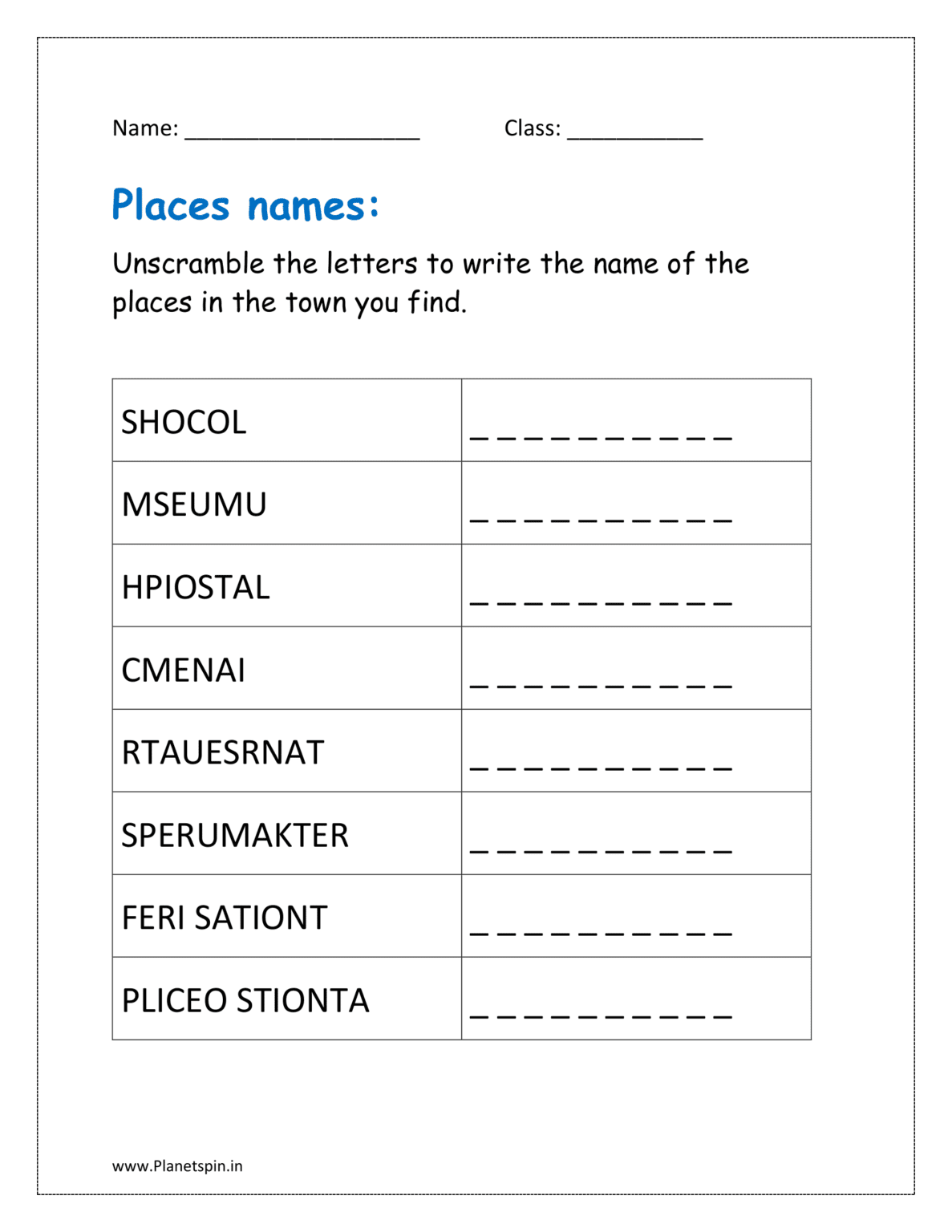 Places in town worksheet for kindergarten | Planetspin.in