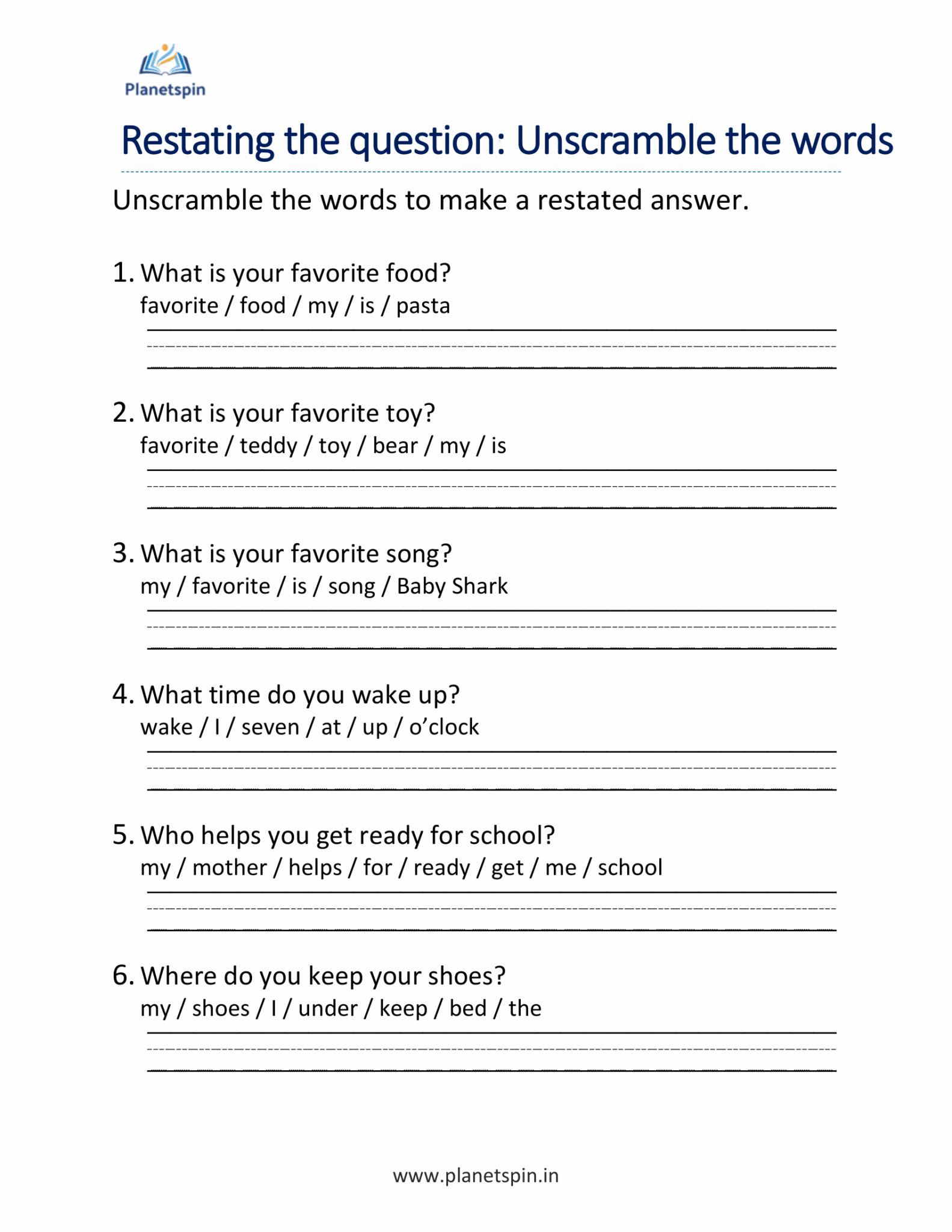 Restating the question worksheet for grade 2 | Planetspin.in