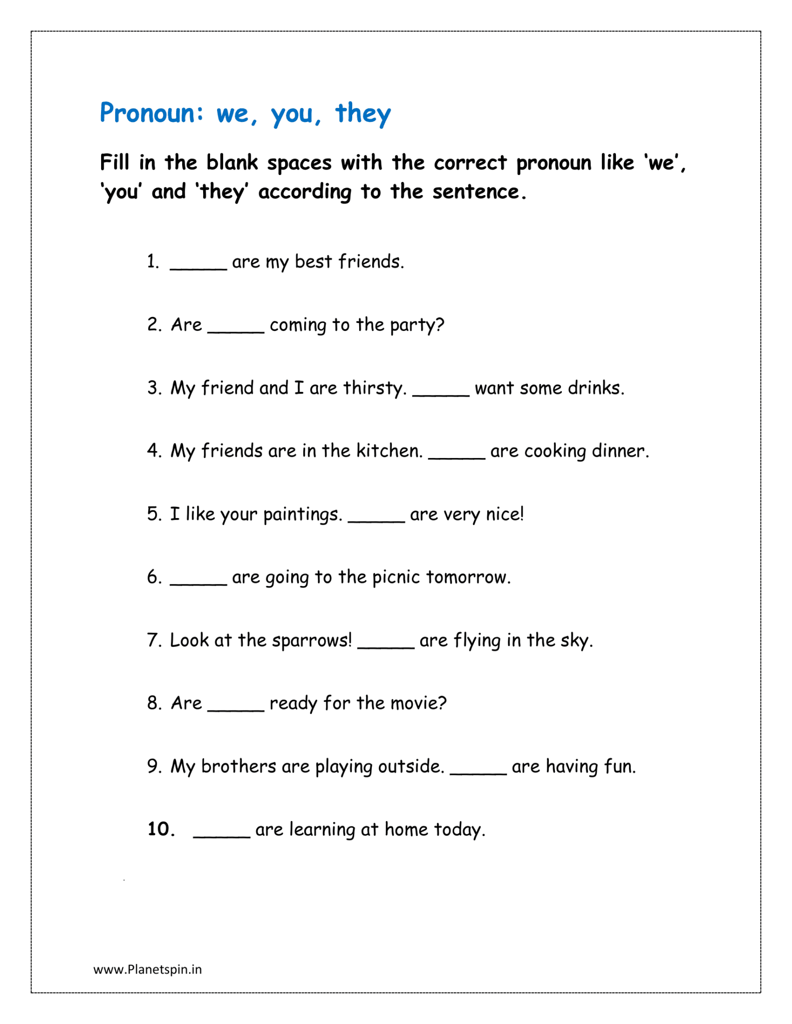 Pronouns worksheet for grade 1 | Planetspin.in