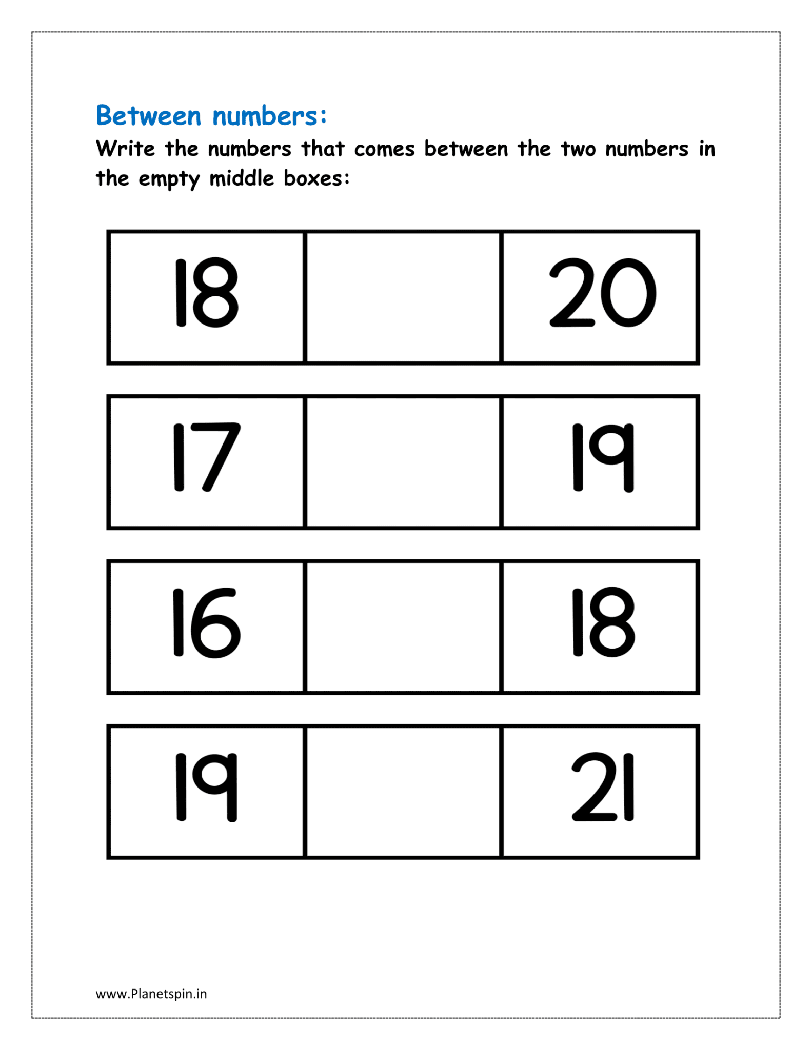 Numbers before after and between worksheets | Planetspin.in