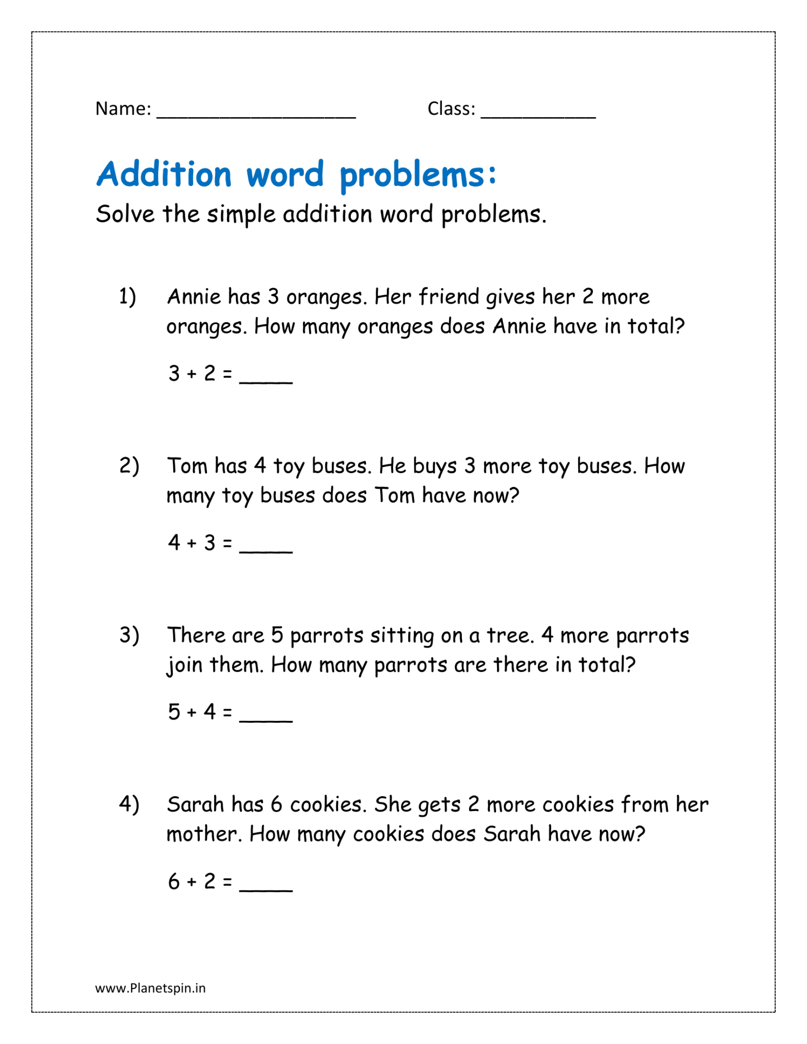 Addition word problems for class 1 | Planetspin.in