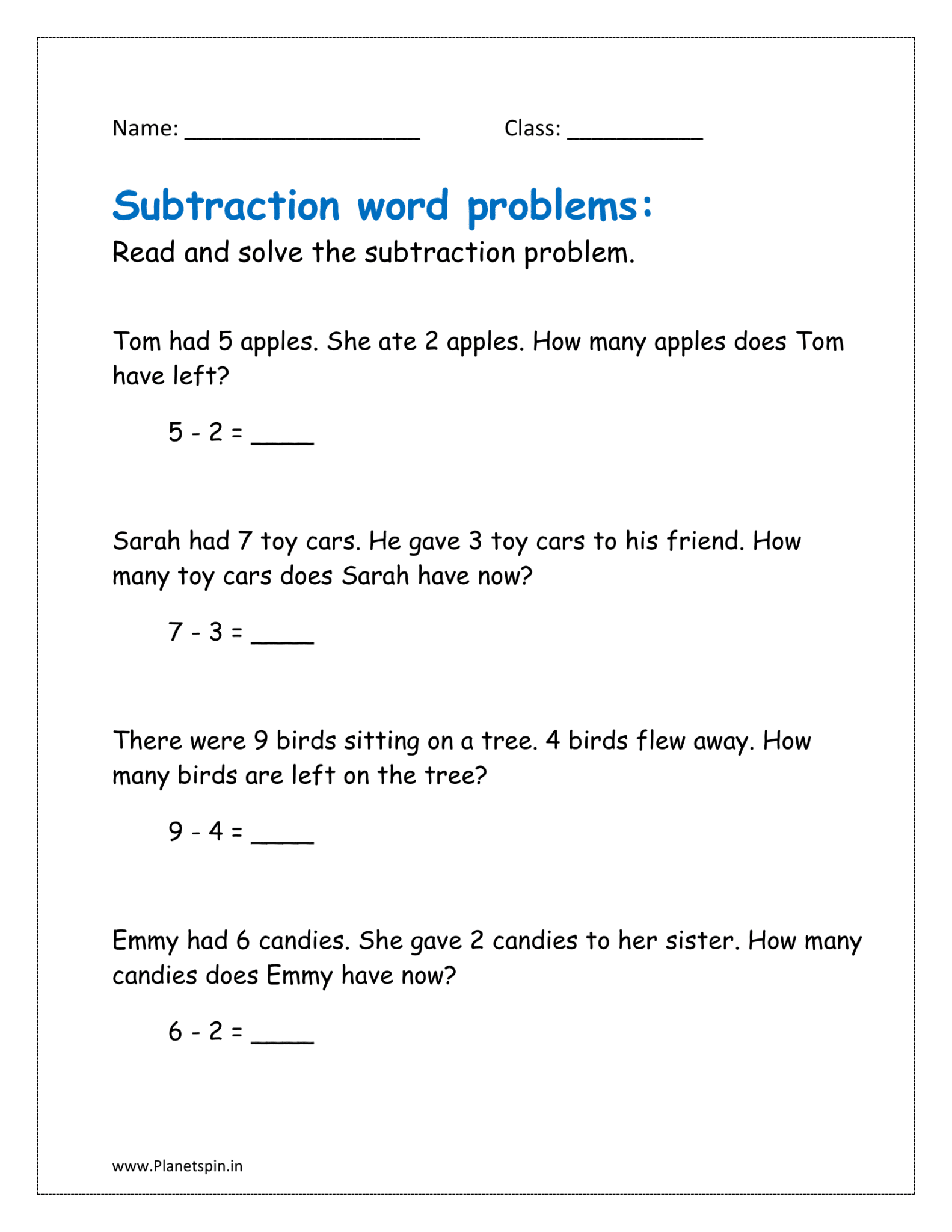 Subtraction word problems grade 1 | Planetspin.in