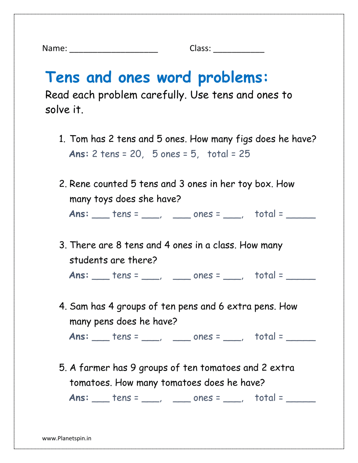 Decomposing numbers into tens and ones worksheets