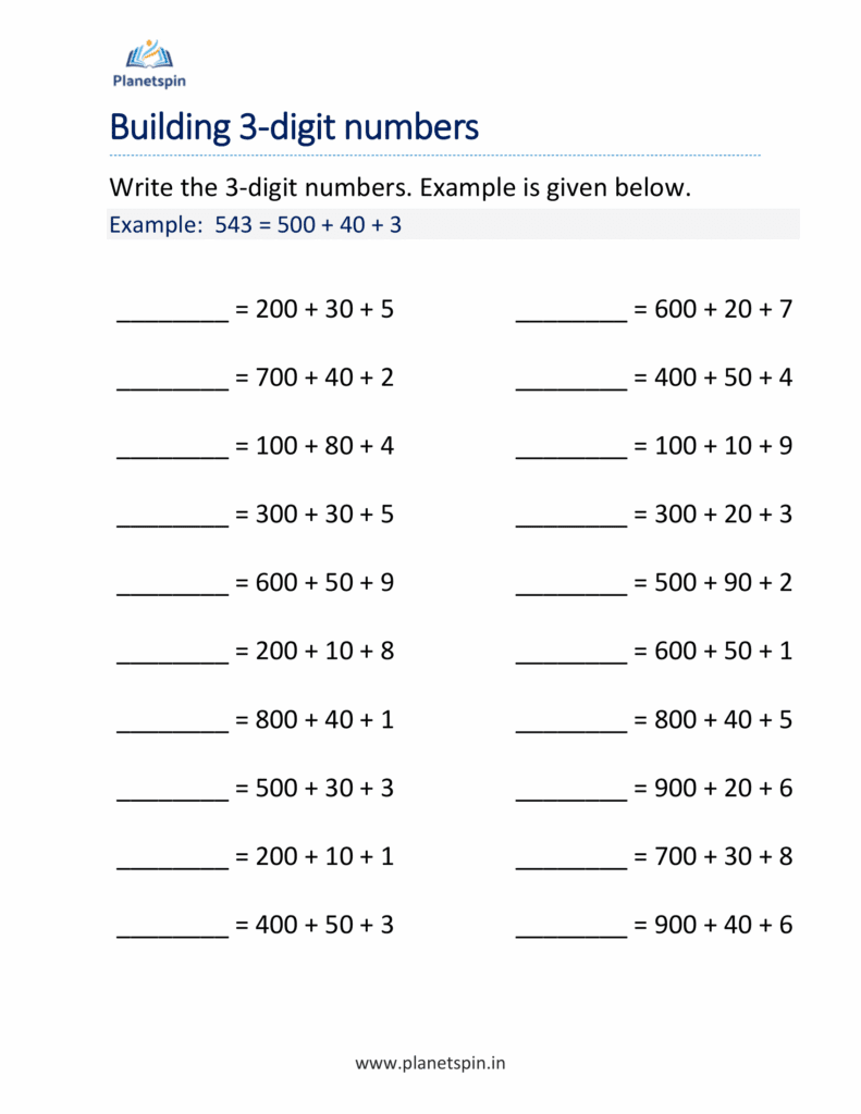 Place value 3 digit numbers worksheets for grade 2 | Planetspin.in