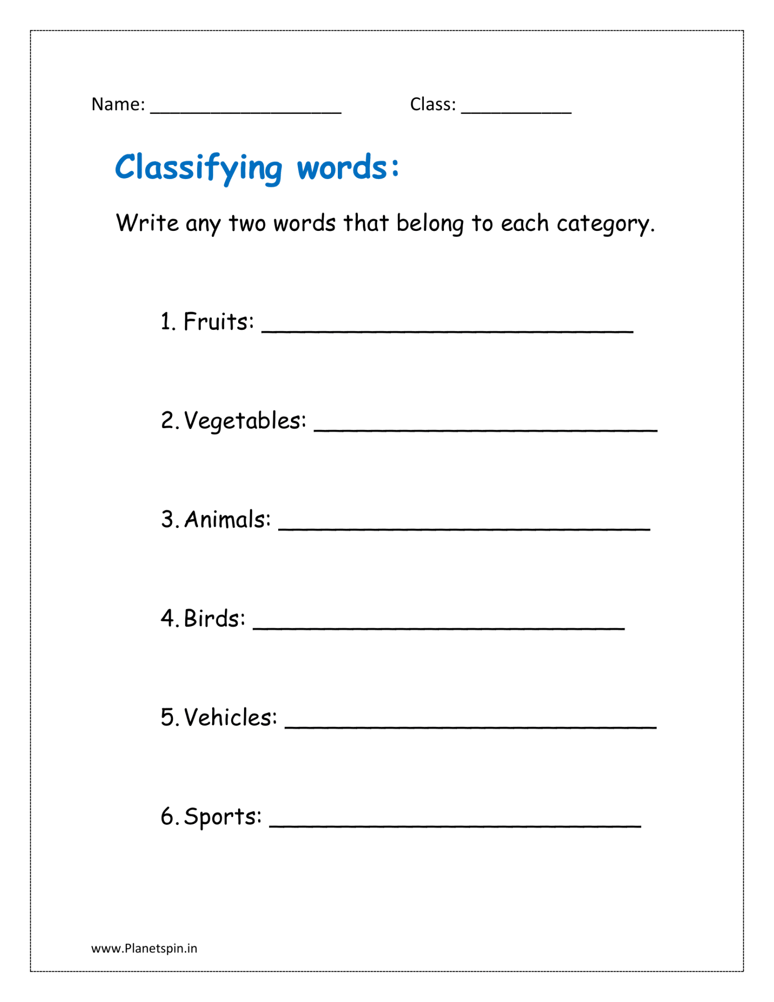 Classifying words worksheet for grade 1 | Planetspin.in