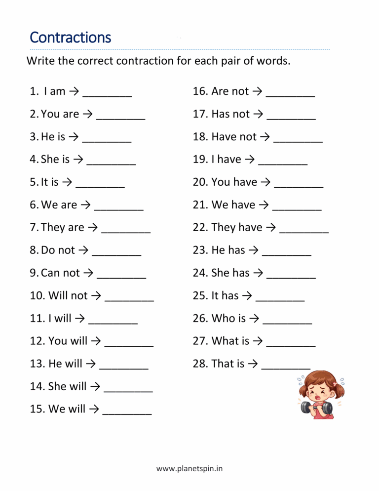 Free contractions worksheet - Perfect for Grade 1 and beginners