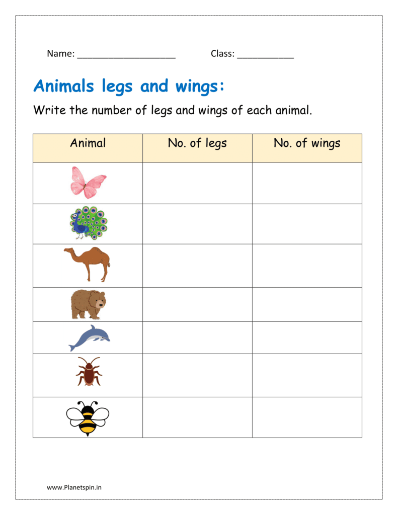 Animals and their legs worksheet for grade 1