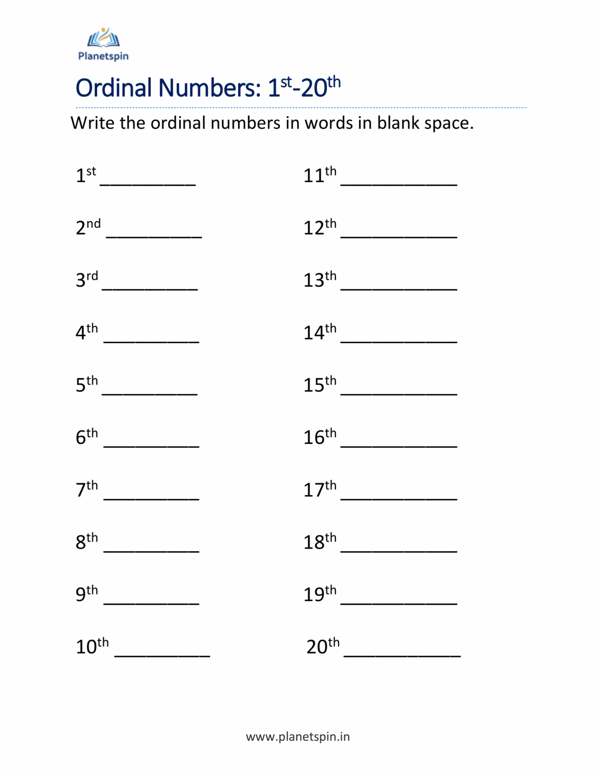 Ordinal numbers worksheet 1 20 | Planetspin.in