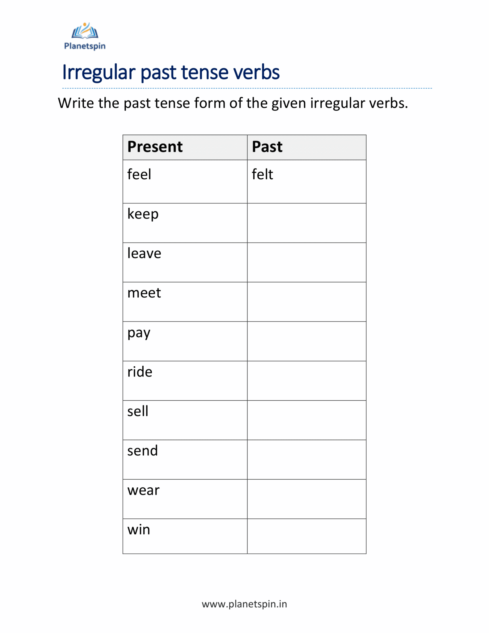 Past form of irregular verbs worksheet for grade 2 | Planetspin.in