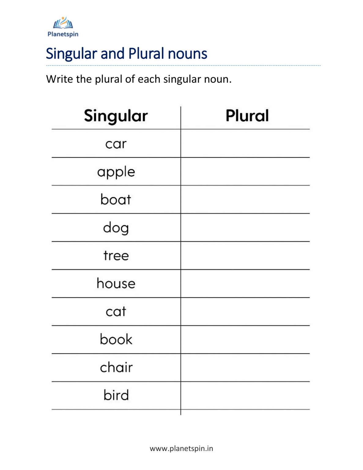 Singular plural worksheet for class 2 | Planetspin.in