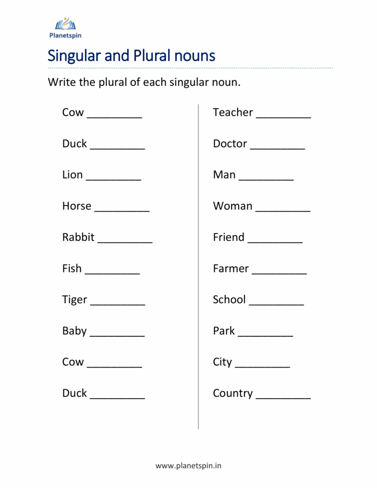 Singular plural worksheet for class 2 | Planetspin.in