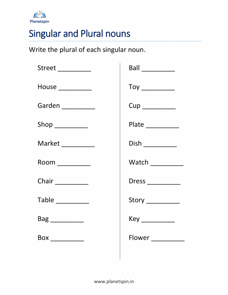 Singular and plural for grade 2 (Noun worksheets) | Planetspin.in