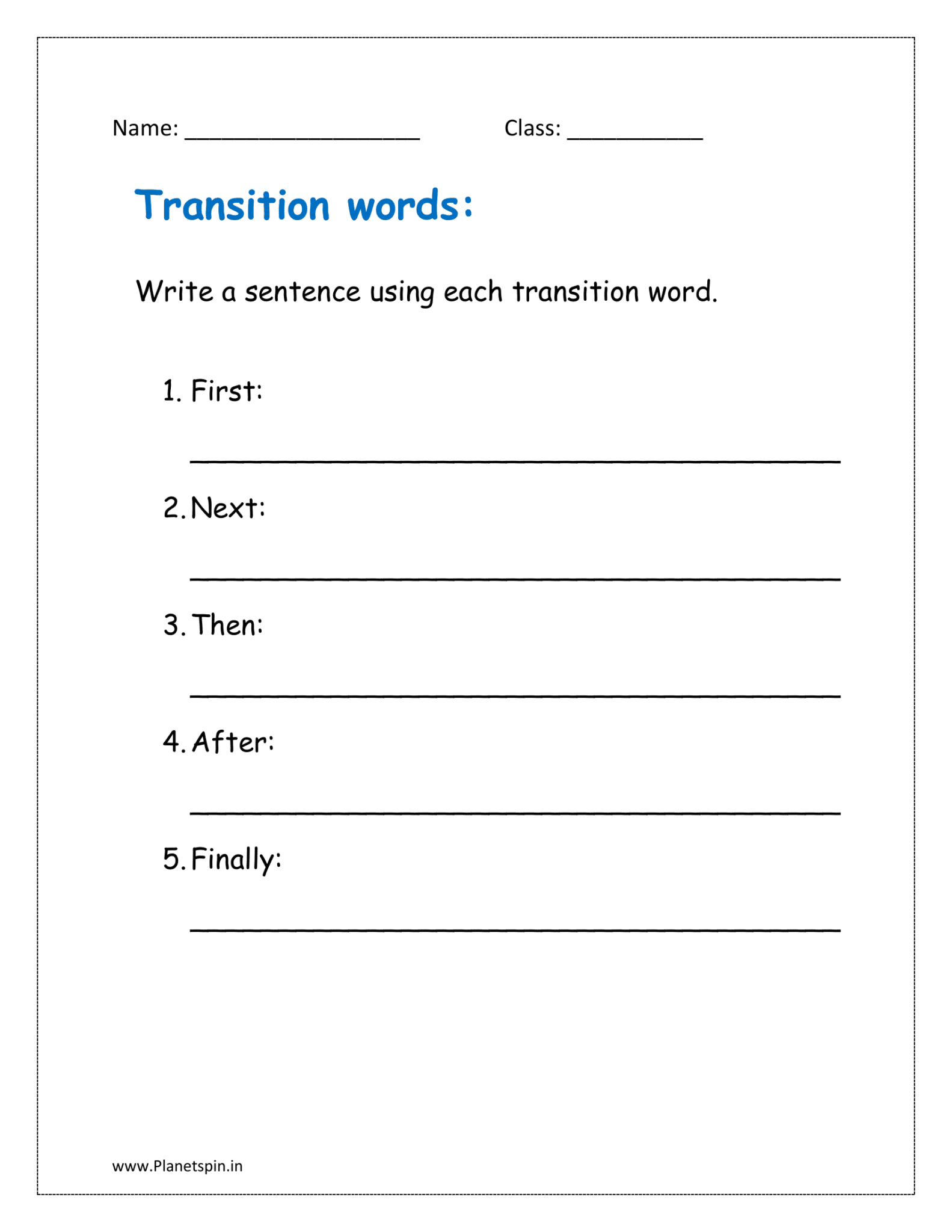 Transition words worksheet for grade 1 | Planetspin.in