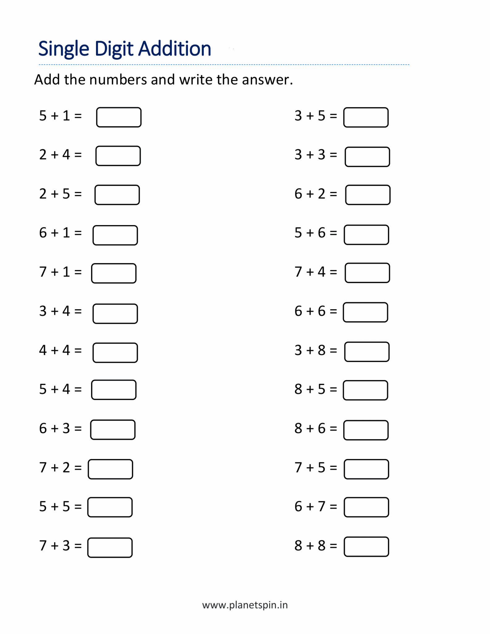 Single digit addition worksheets free | Planetspin.in