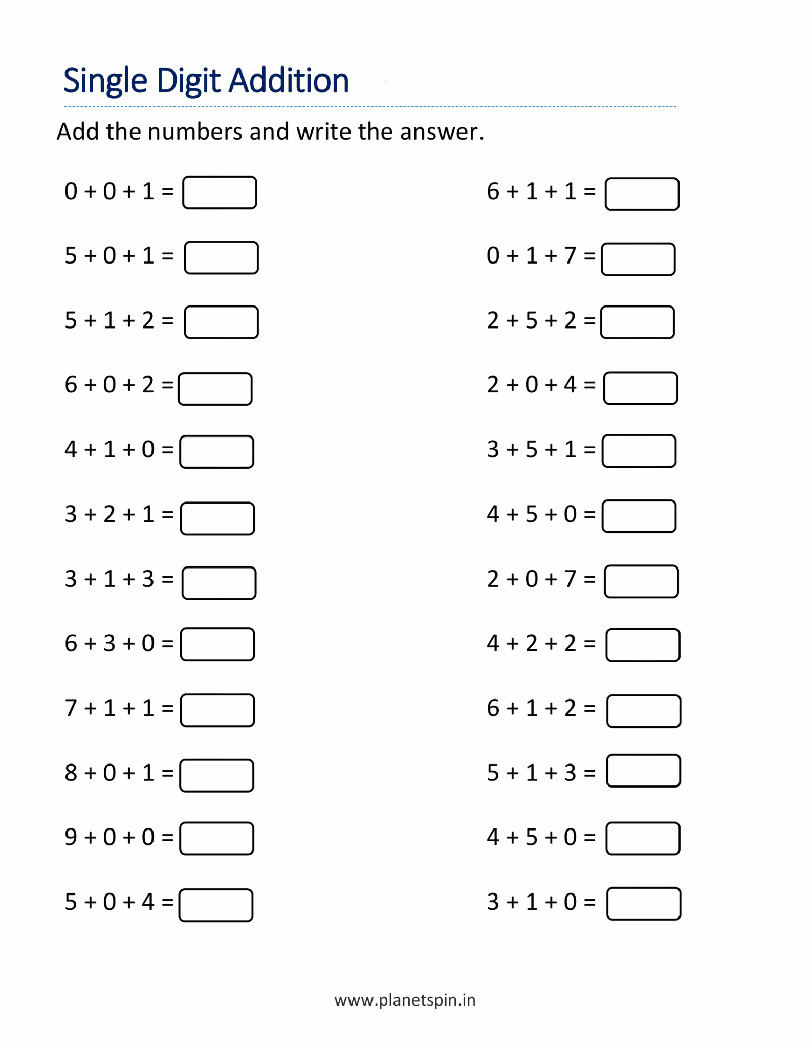 Single digit addition worksheets free | Planetspin.in