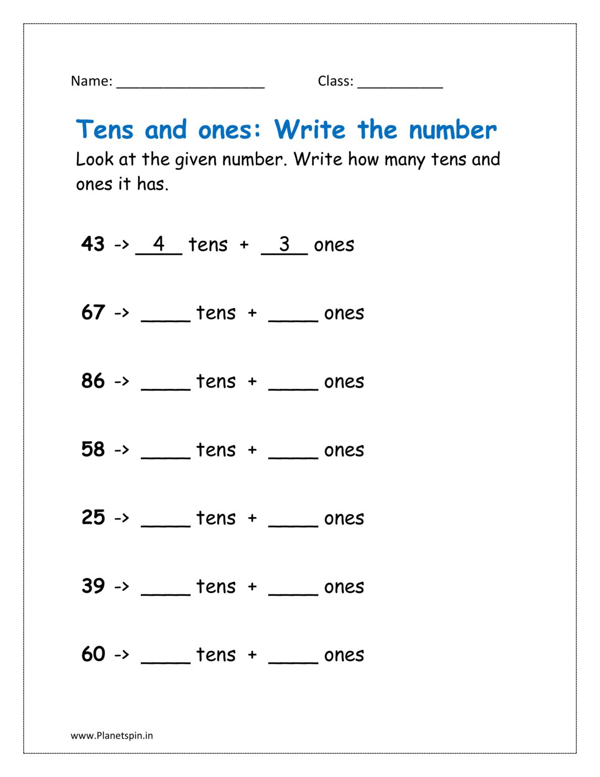 Decomposing numbers into tens and ones worksheets