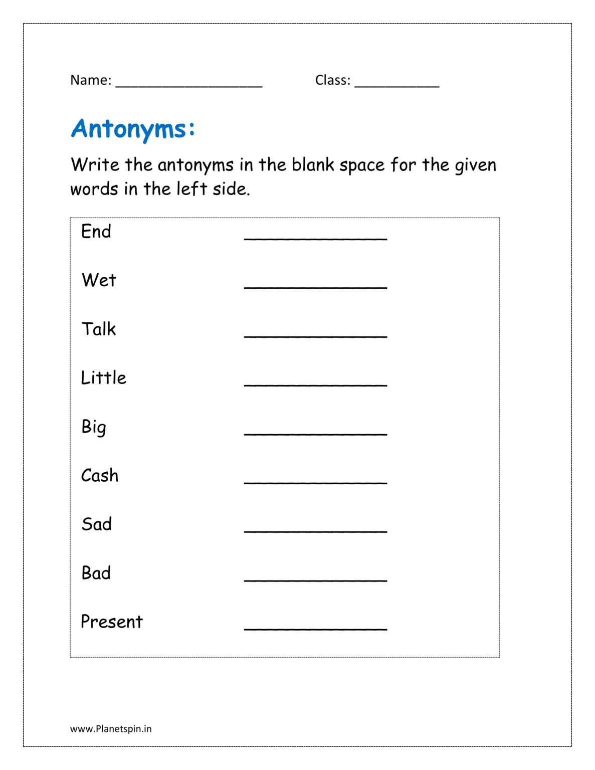 Synonyms and antonyms PDF worksheets | Planetspin.in