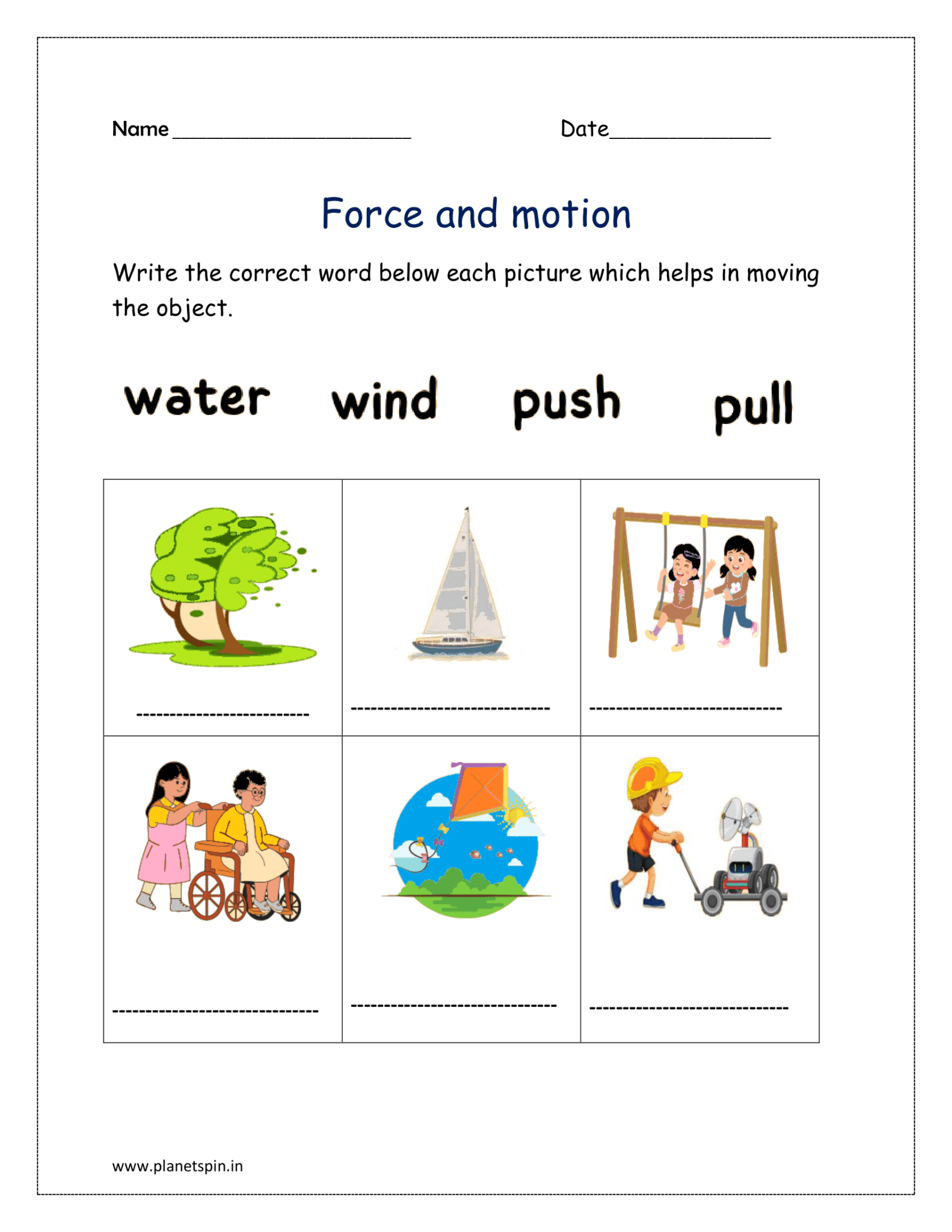 Force and motion worksheets - Push and Pull | Planetspin.in