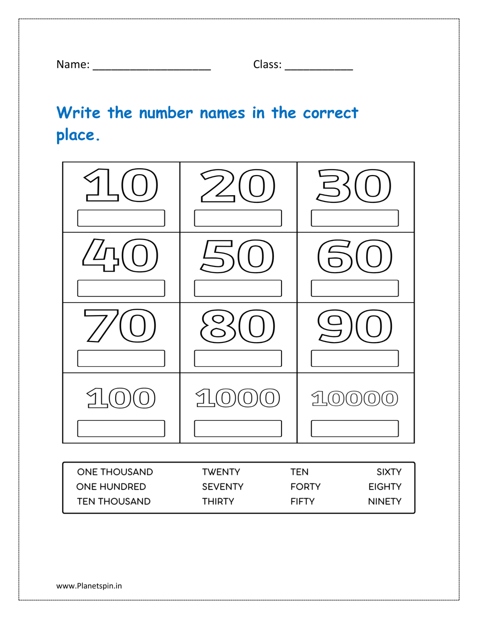 Matching numbers to number words worksheets | Planetspin.in