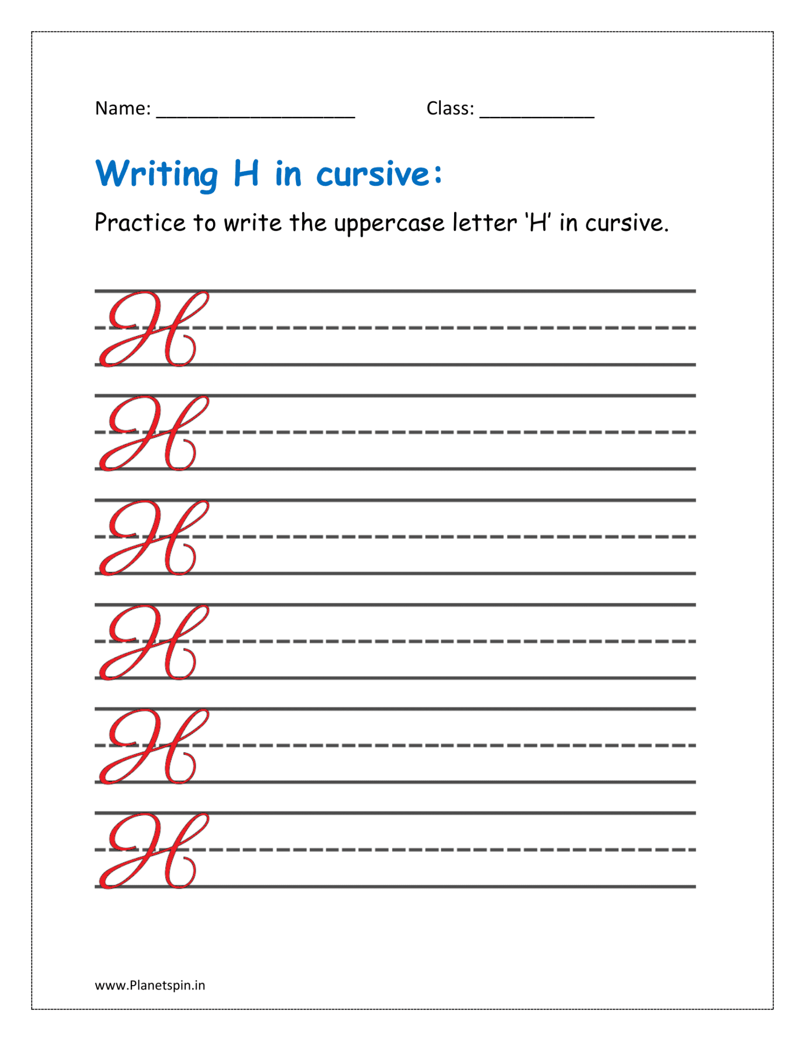 Printable cursive letter h worksheet | Planetspin.in