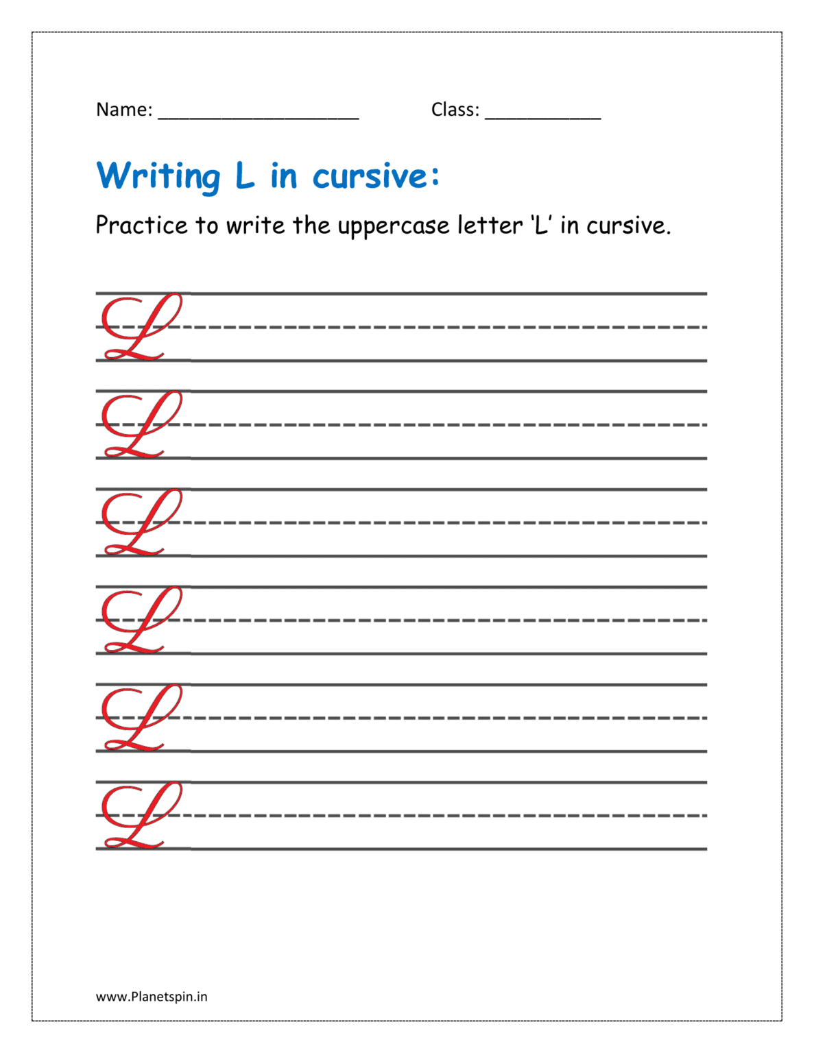Printable cursive letter l worksheet PDF | Planetspin.in