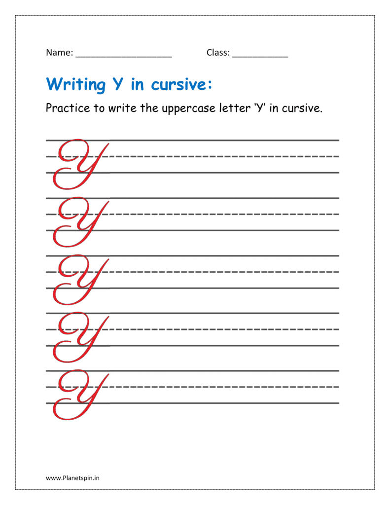 Cursive writing y worksheet PDF | Planetspin.in